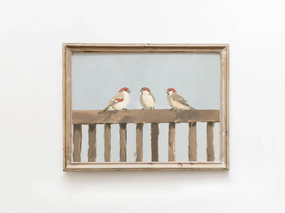 Red Sparrows Wall Art, Neutral Nature Print, Rustic Bird Painting, Blue ...