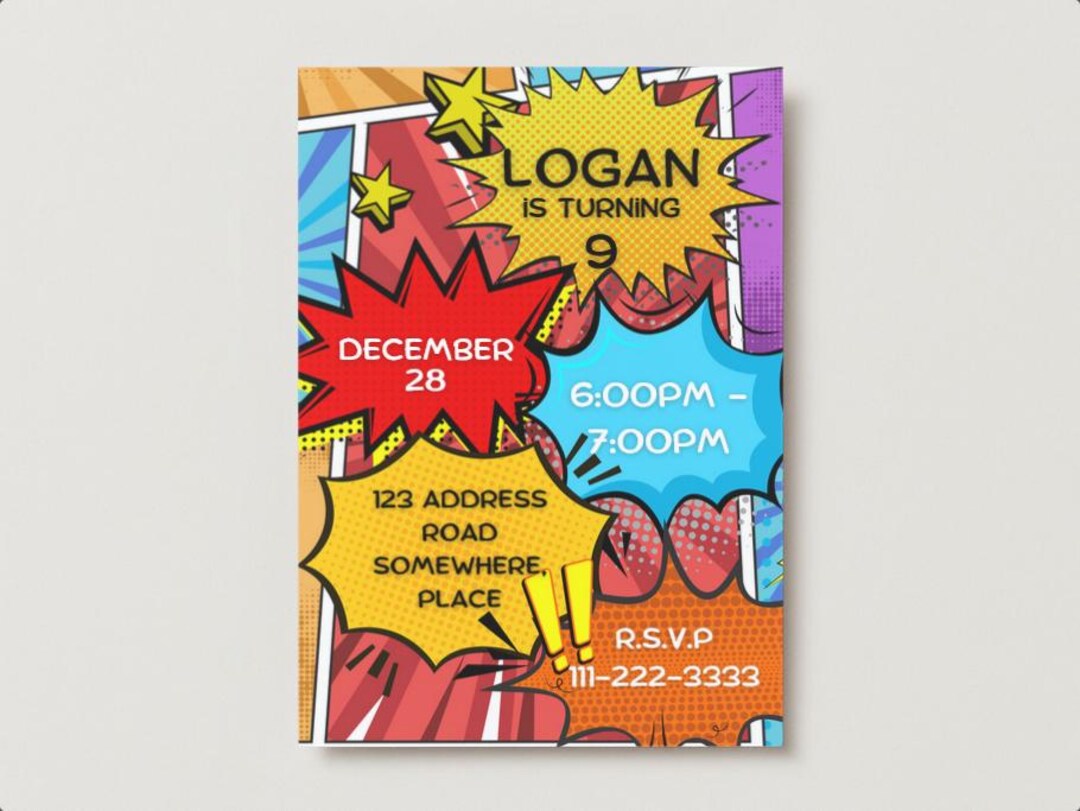 Editable Comic Book Birthday Invitation Superhero Party Invite Instant ...