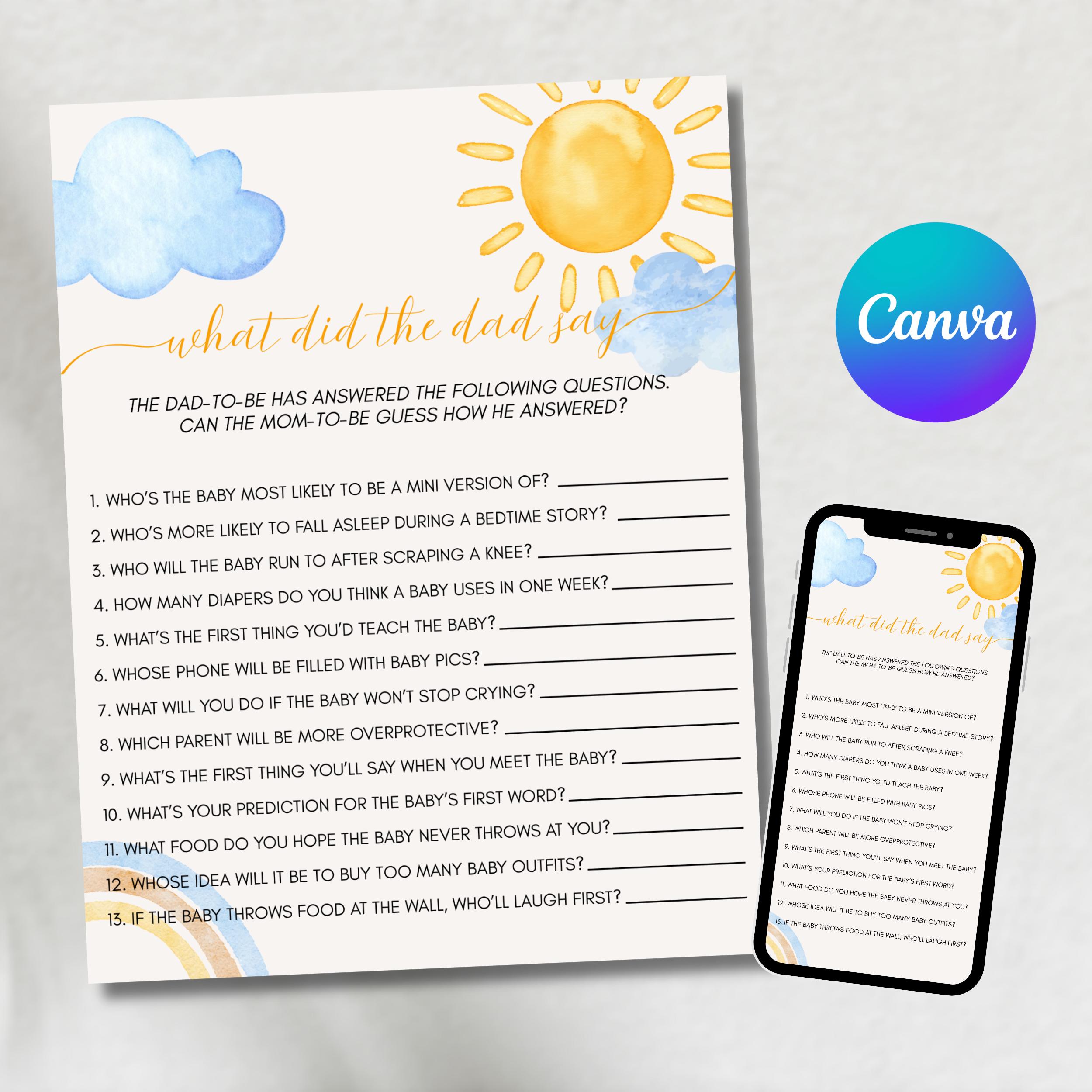 What Did Dad Say? Baby Shower Game: Printable Trivia (canva Template ...