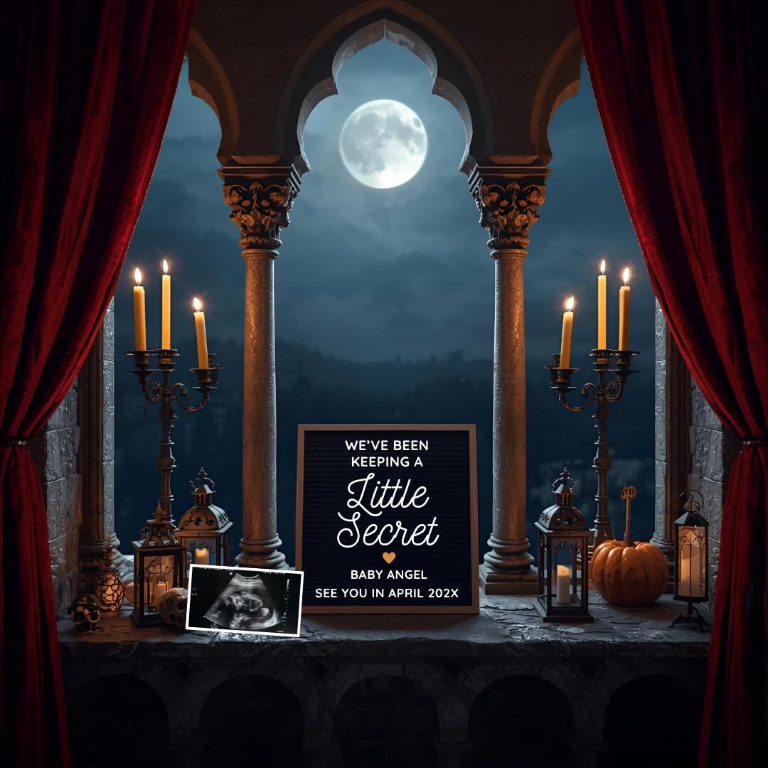 Gothic Balcony Pregnancy Announcement, Halloween Vampire Baby Reveal ...