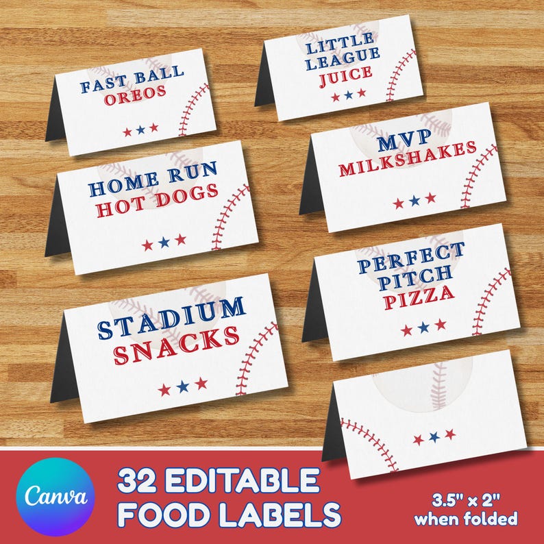 Baseball Birthday Food Tents: Editable Party Labels (canva Template) - Etsy