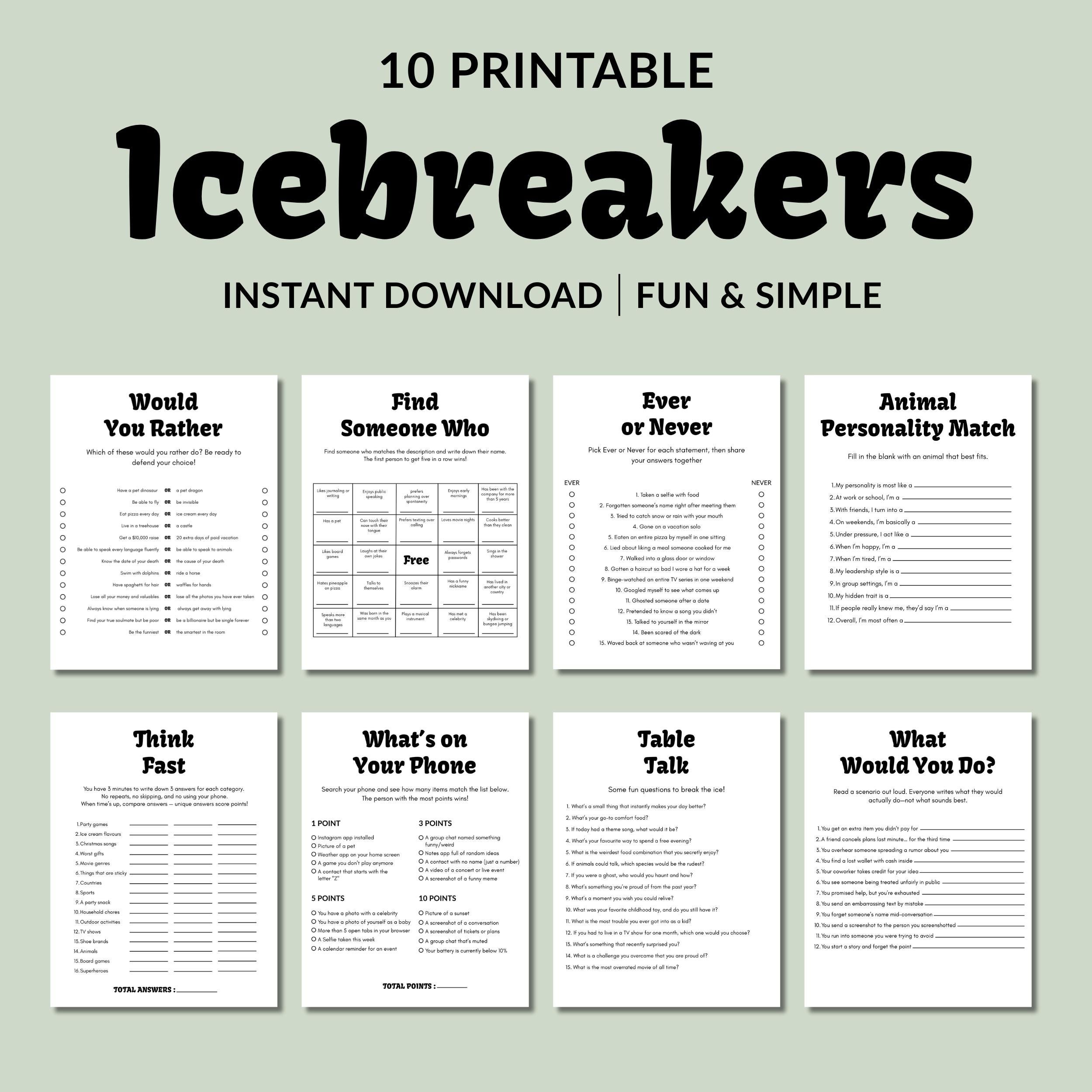 Icebreaker Games Printable | Conversation Starters & Icebreaker Bingo ...