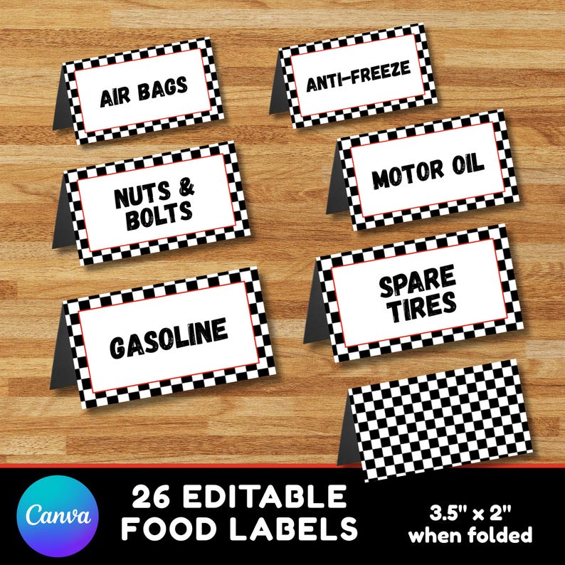 Race Car Food Tents, Two Fast Food Labels, Printable Racing Food Labels ...