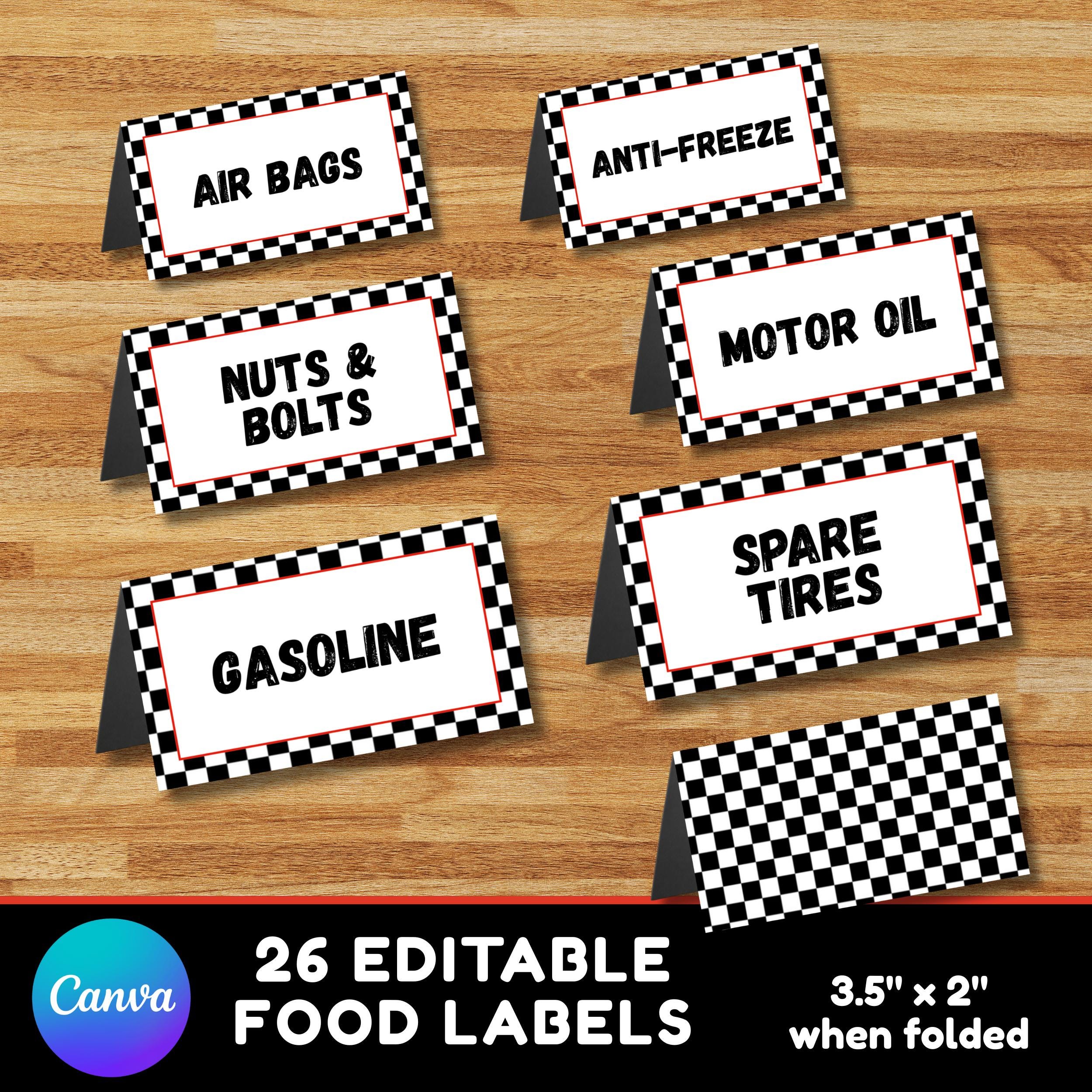 Race Car Food Tents, Two Fast Food Labels, Printable Racing Food Labels ...