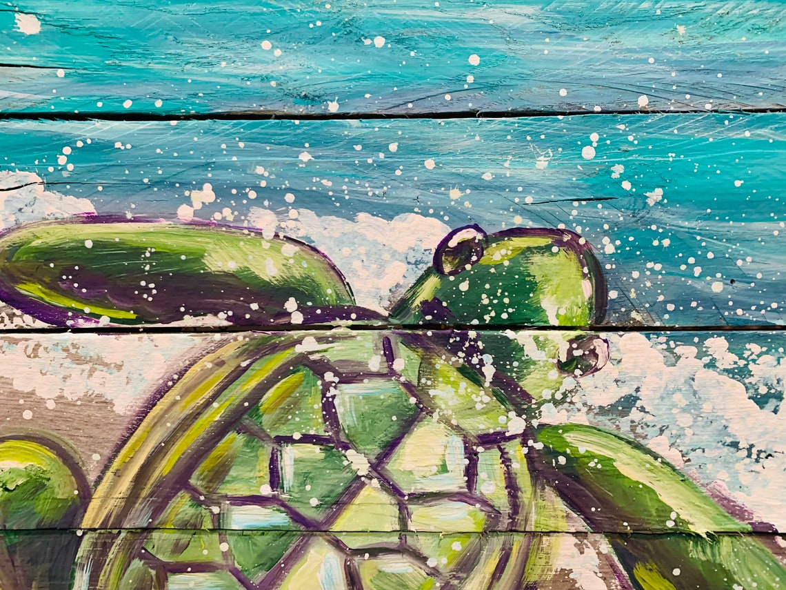 Original Acrylic Painting on Pallet Wood of Baby Loggerhead Making Its ...
