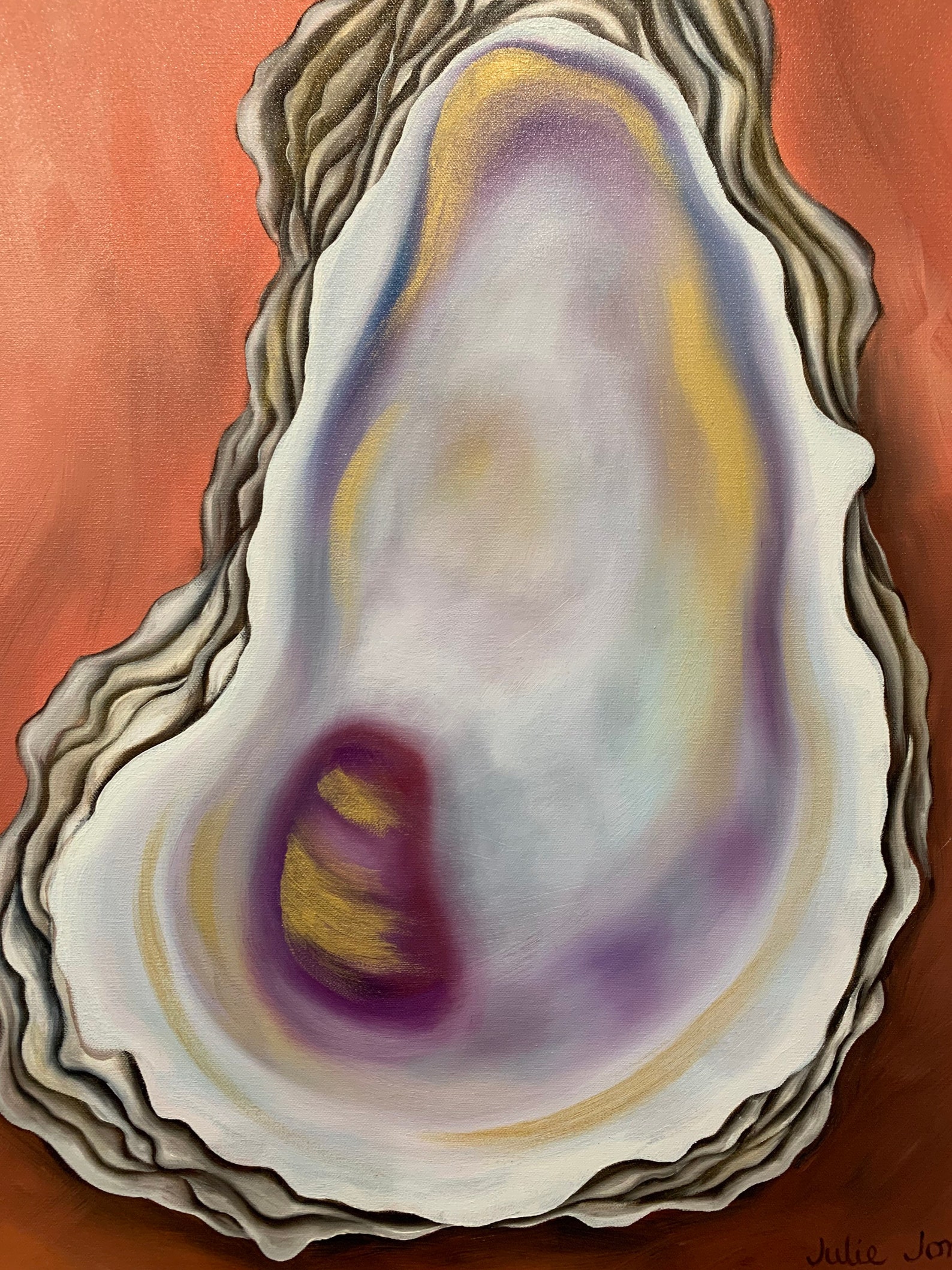LARGE Oyster Shell Oil Painting 30"h X 24"w With Gold Accents NOT A ...