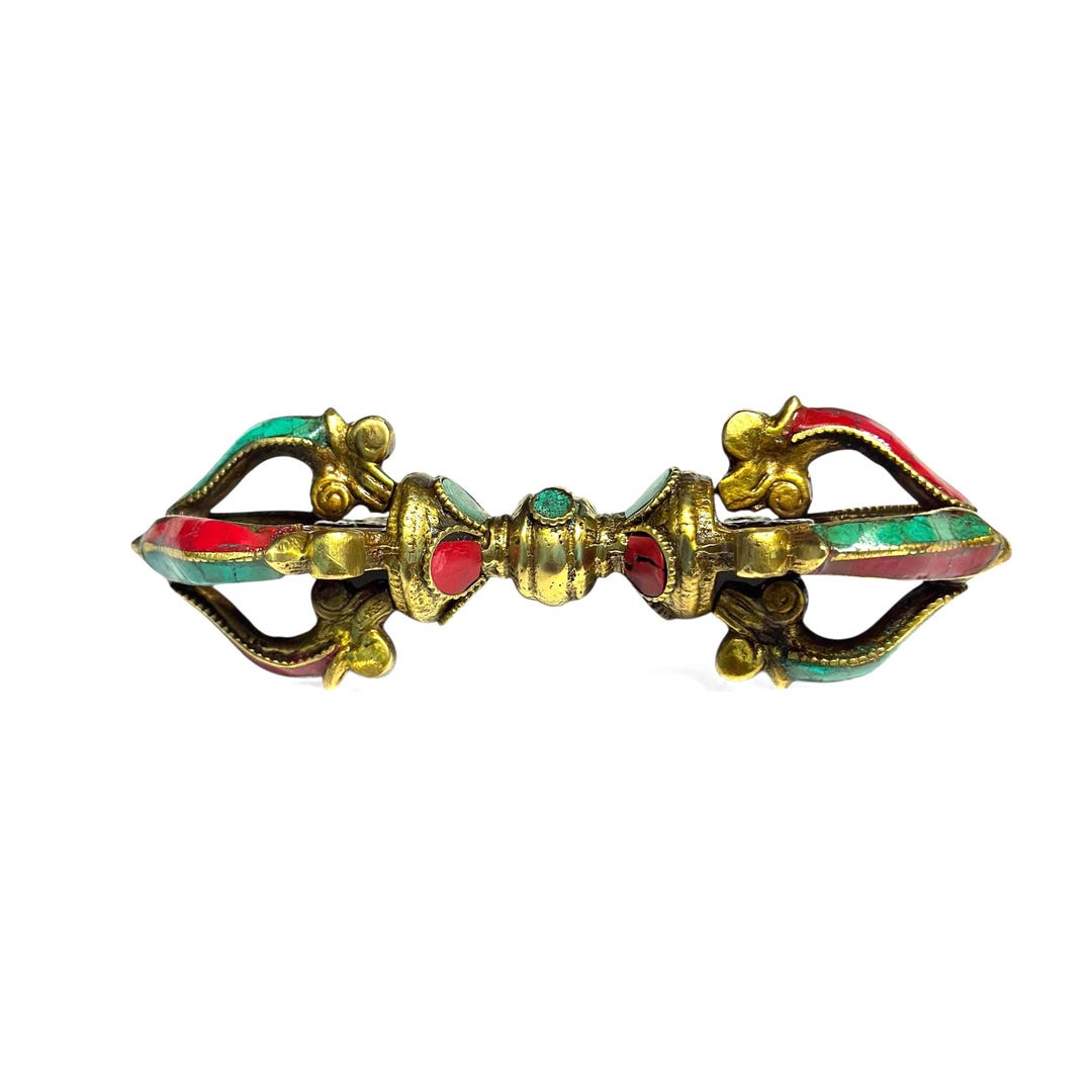 Buddhist 5 Prong Vajra Brass Ritual Tool With Turquoise Coral Inlay ...