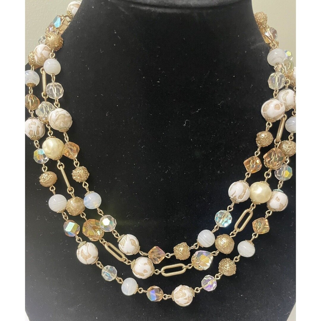 Vendome Beautiful Three Strand Crystal and Gold Bead Necklace Cut Glass ...