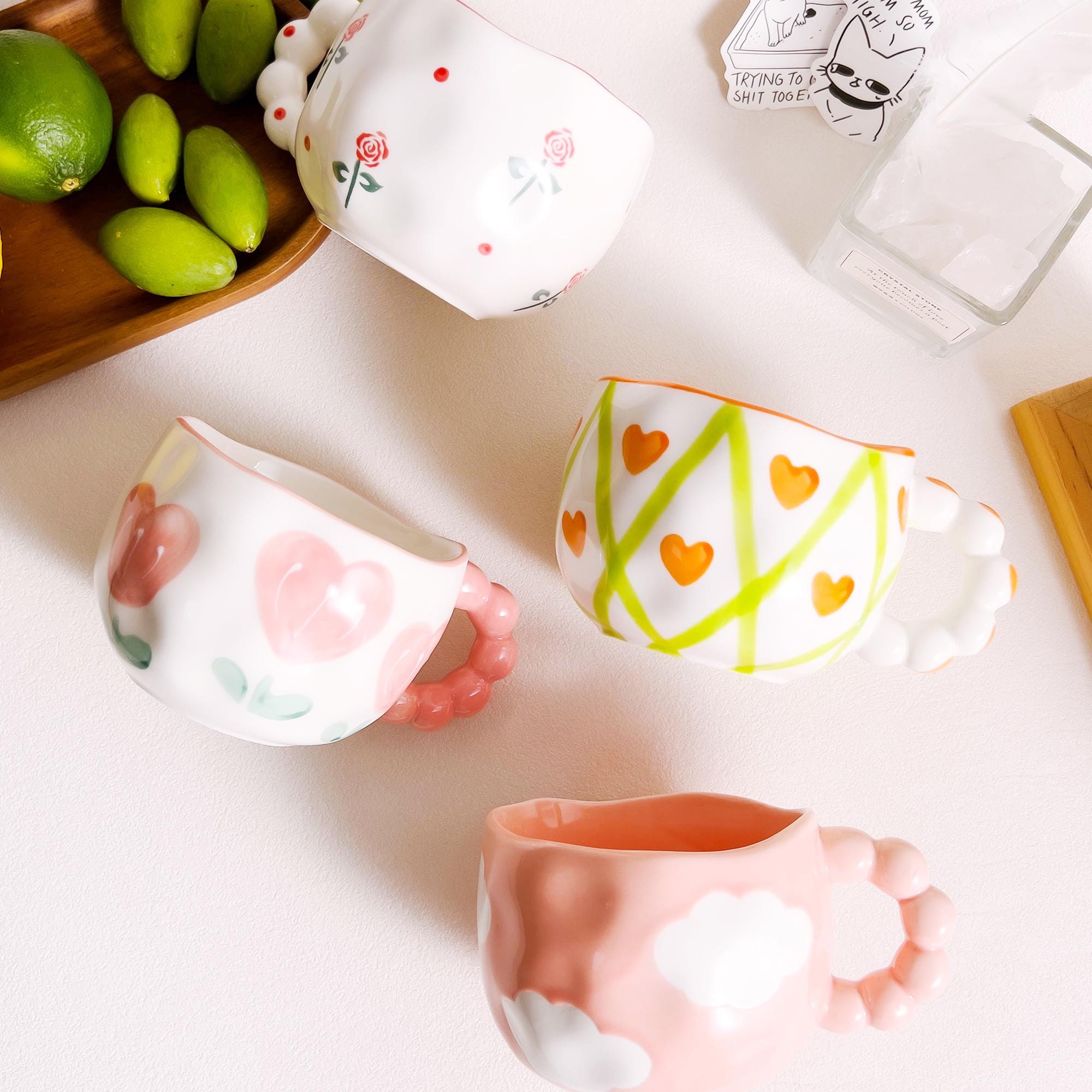 Handmade Ceramic Mug With Pink Pattern, Unique Fruit Cup, Orange Juice ...