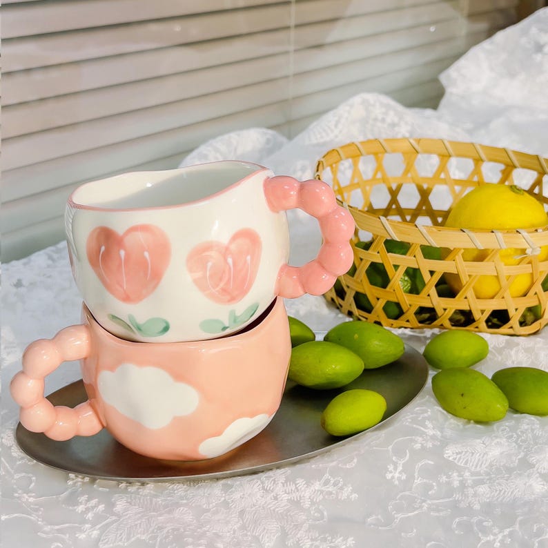 Handmade Ceramic Mug With Pink Pattern, Unique Fruit Cup, Orange Juice ...