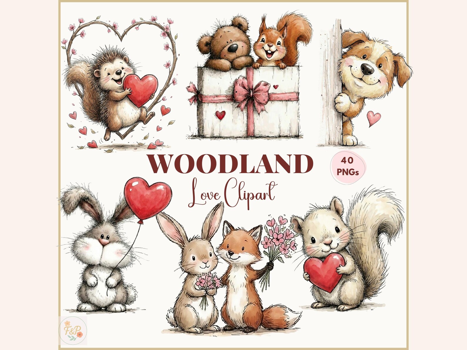 Woodland Animals Valentine Clipart: Whimsical Love Clipart PNG (digital ...