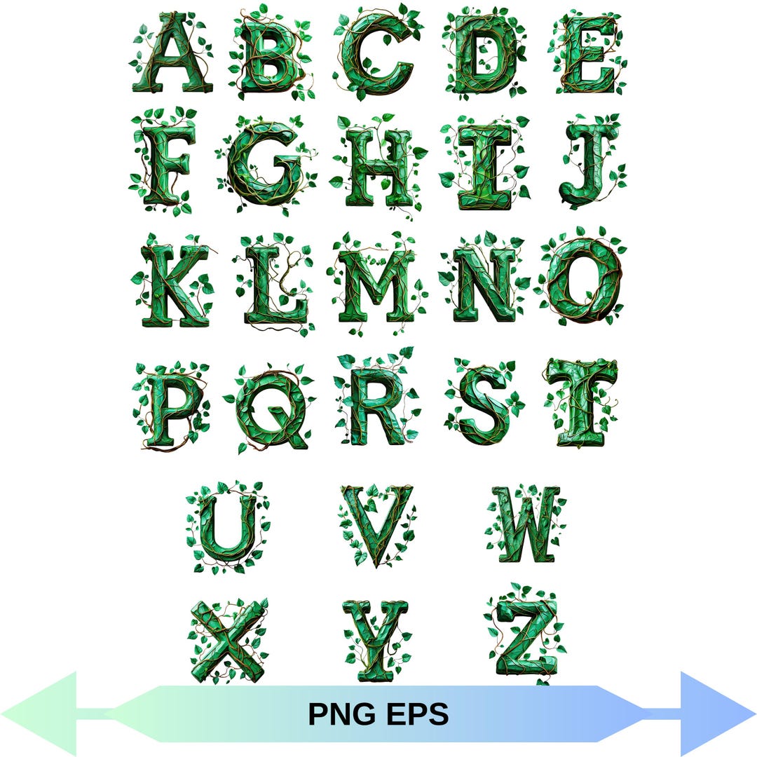 Creative A-Z, 0-9 Leafy Letters Set Png for Nature-themed Designs Green ...