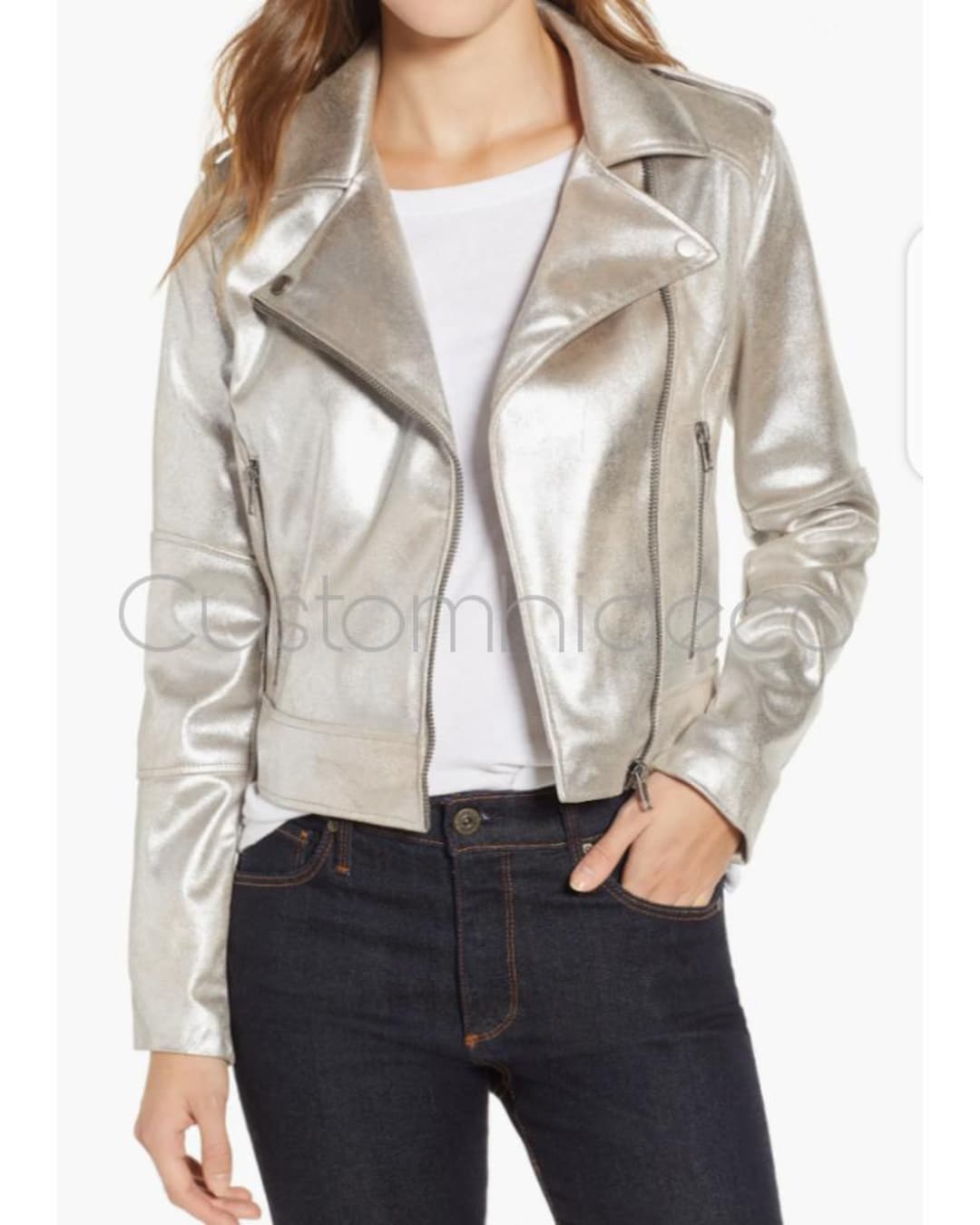 Sparkle Silver Leather Jacket Lambskin Leather Biker Woman Jacket Shiny ...