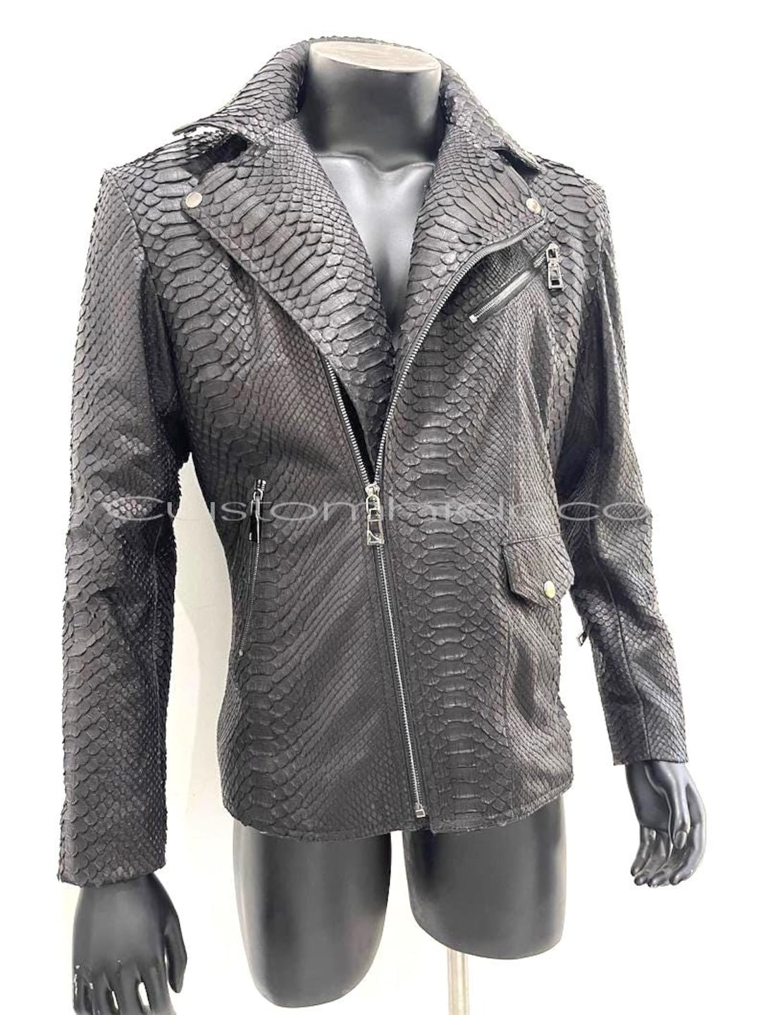 Black Python Leather Biker Jacket - Handmade Snakeskin Textured Moto ...