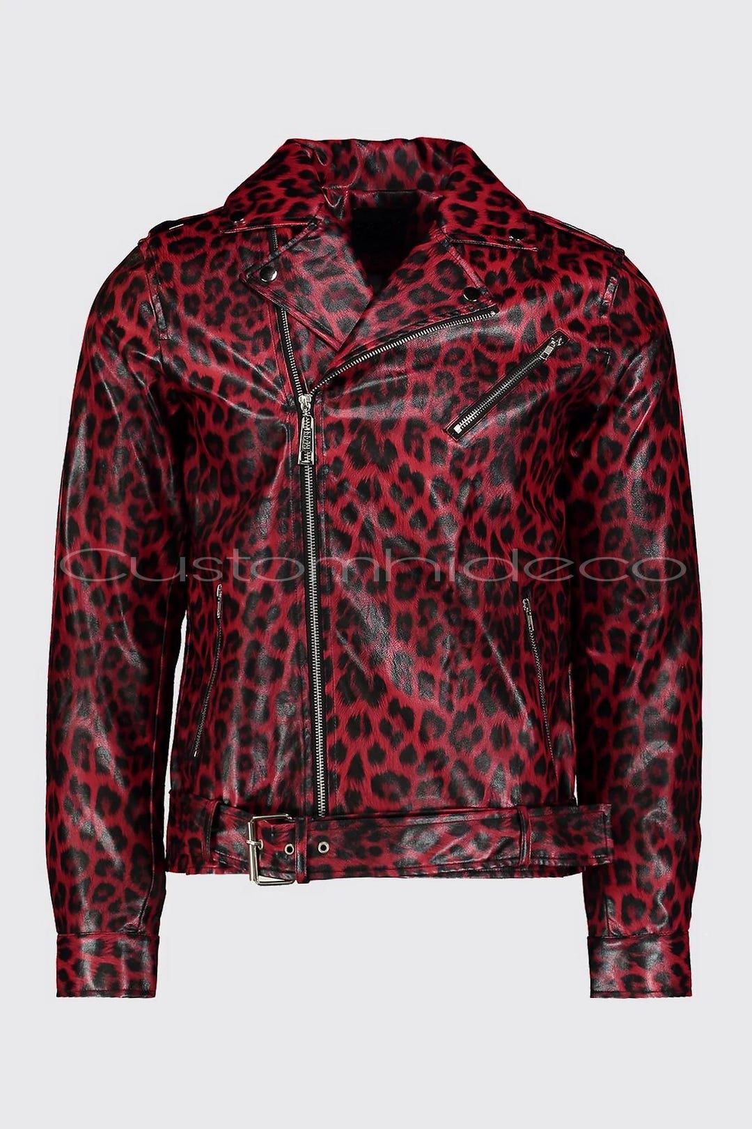 Mens Leather Biker Jacket – Red Leopard Print Jacket – Genuine Leather ...