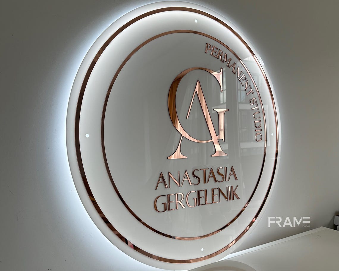 Acrylic Business Logo Sign, Round Custom Neon Sign, Mirror Silver Logo ...