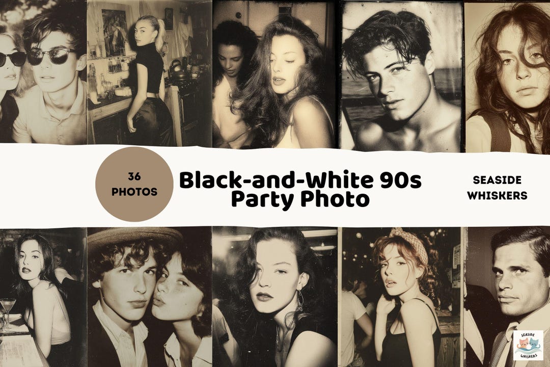 Black-and-white 90s Party Photo Set – Vintage Fashion, Retro Portraits ...