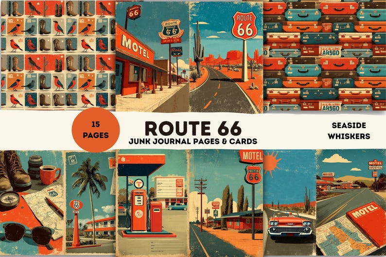 Route 66 Junk Journal Kit – 15 Vintage Travel Collage Pages & Cards ...