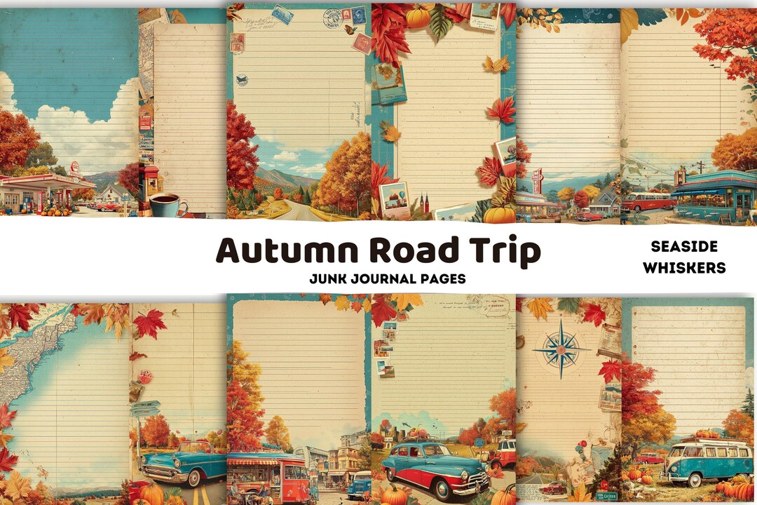 Autumn Road Trip Junk Journal Pages, Vintage Fall Printable Kit, Retro ...
