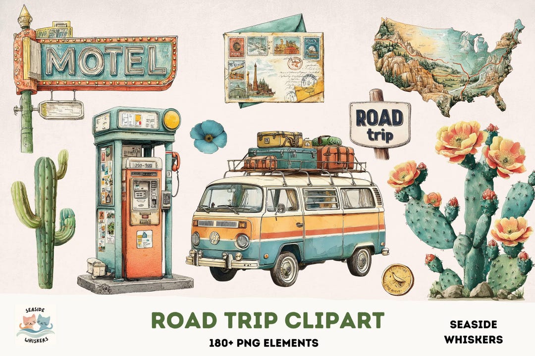 Road Trip Clipart Set – Retro Travel PNG, Vintage Camper Van, Desert ...