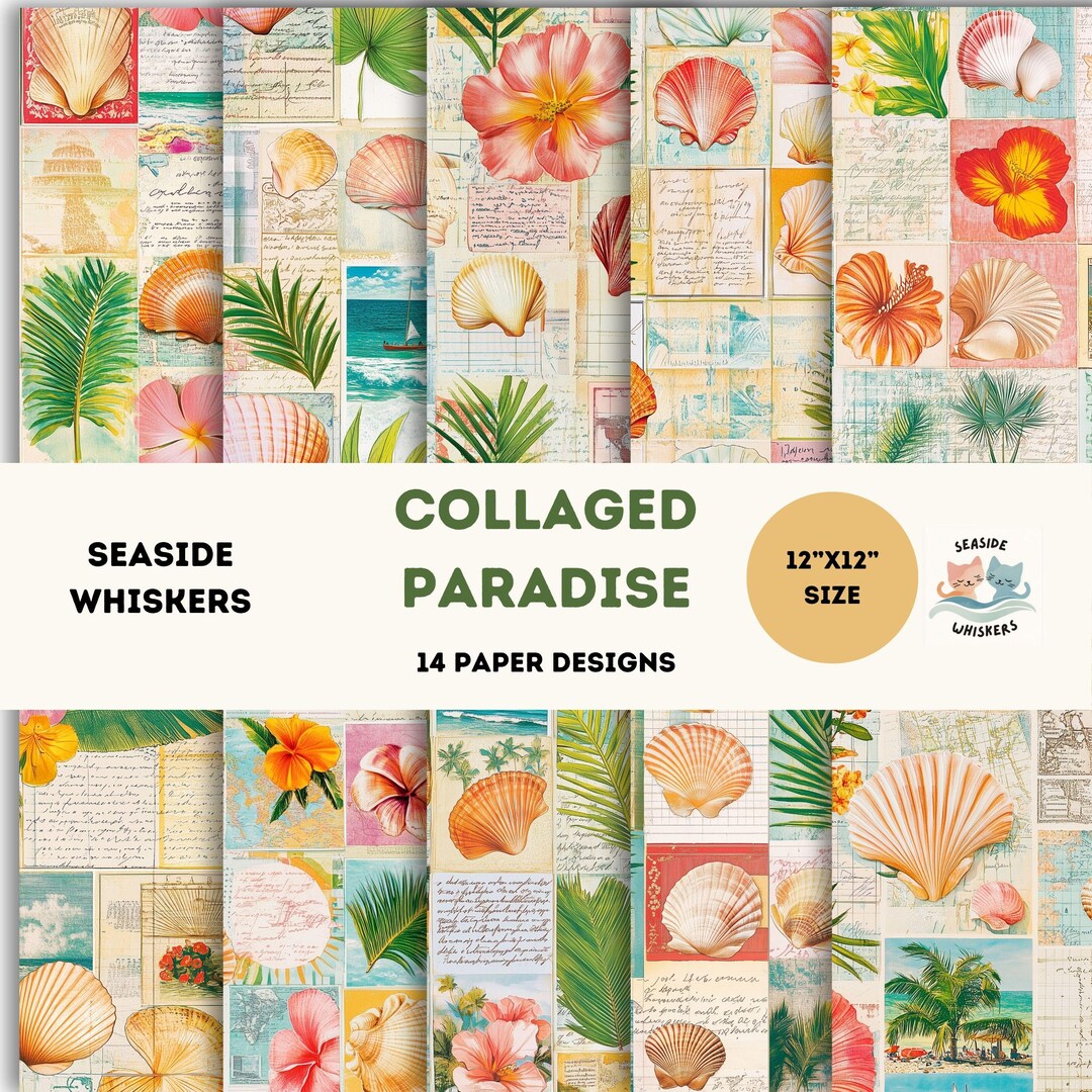 Collaged Paradise | Tropical Scrapbook Paper Pack | 12x12 Digital Paper ...