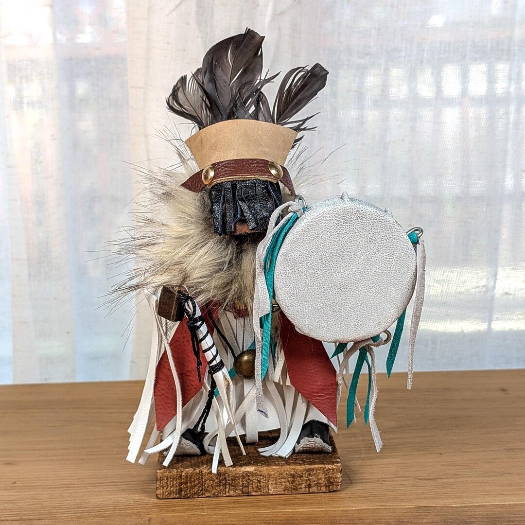 Mongolian Shaman Statue | Wooden Figure With White Leather and Drum - Etsy