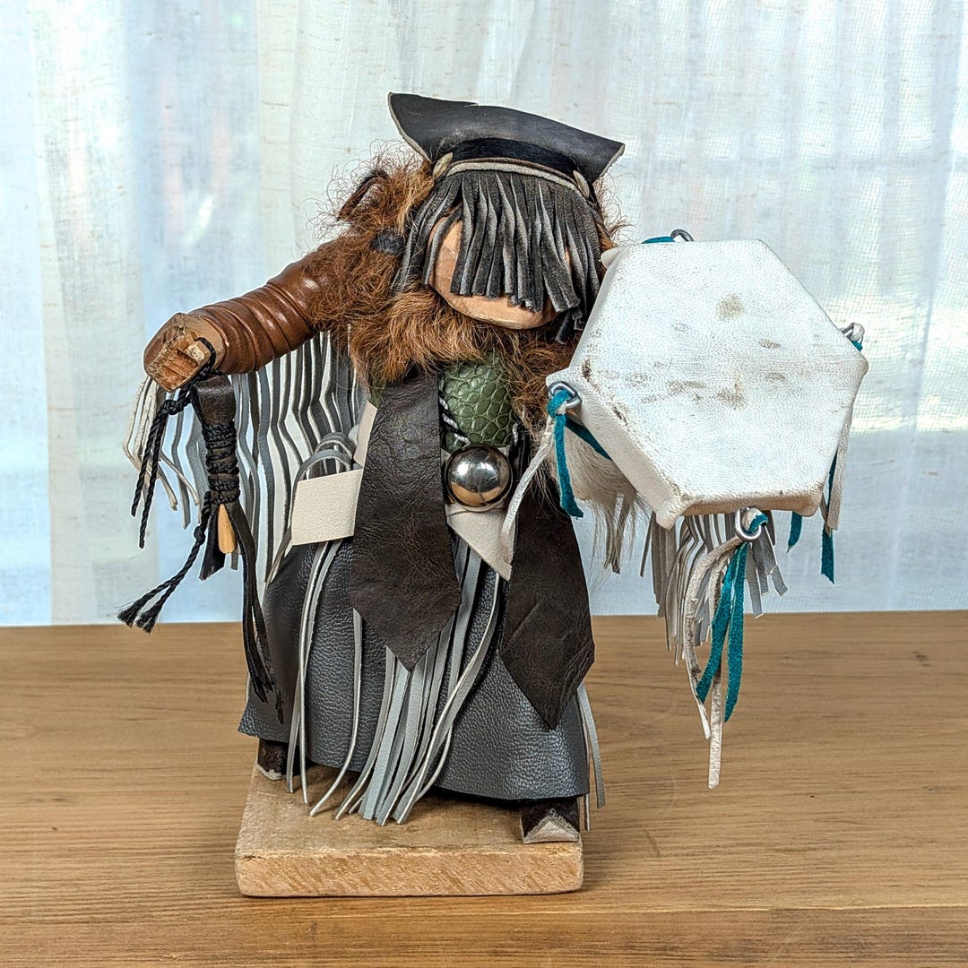 Mongolian Shaman Statue | Wooden Figure With Leather and Drum - Etsy