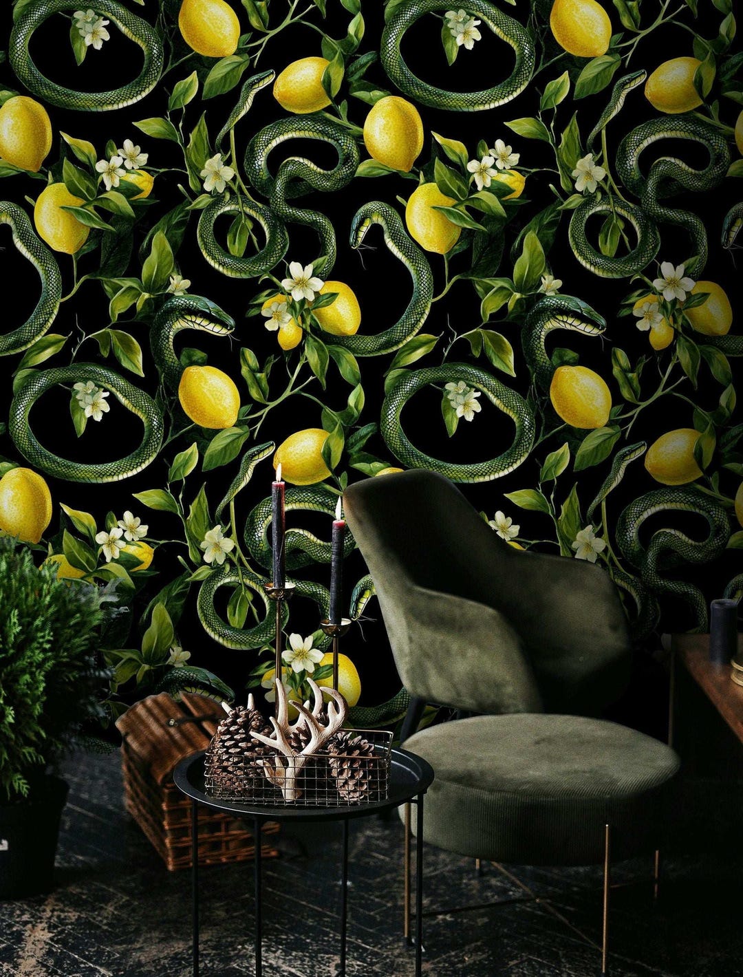 Exotic Lemon Garden and Snakes Pattern Wallpaper, Mystic Dark Botanical ...
