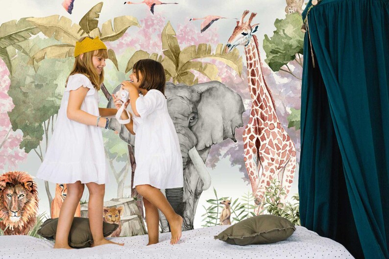 Safari Animals Tropical Wallpaper in Vivid Colors for Kidsroom ...