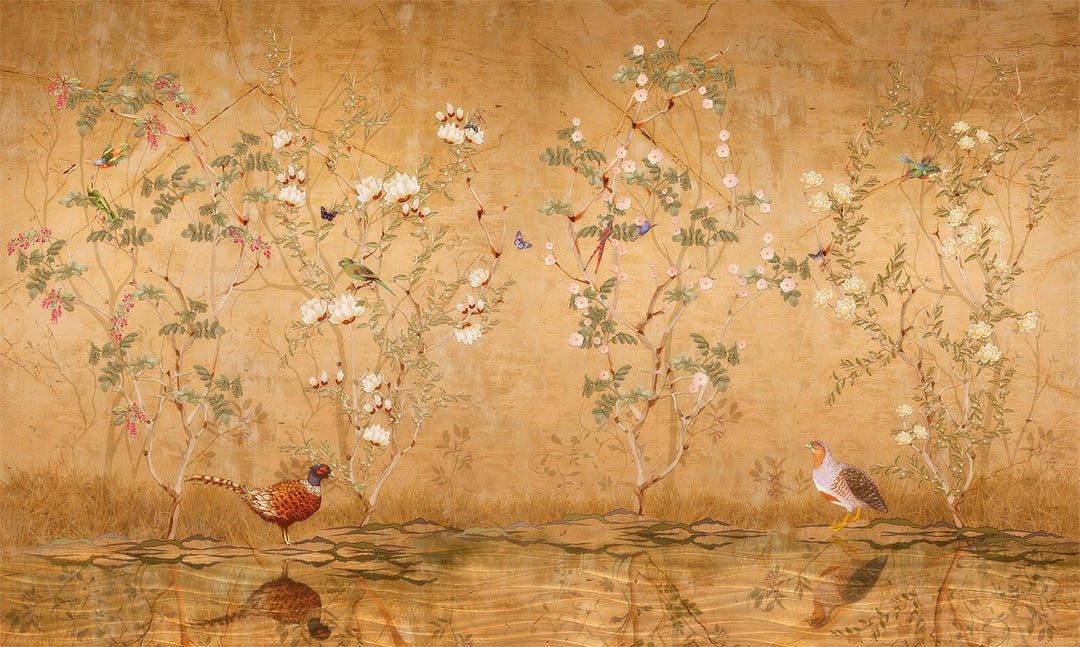 Rose Garden and Nightingale Birds Wallpaper, Floral Wallpaper, Romantic ...