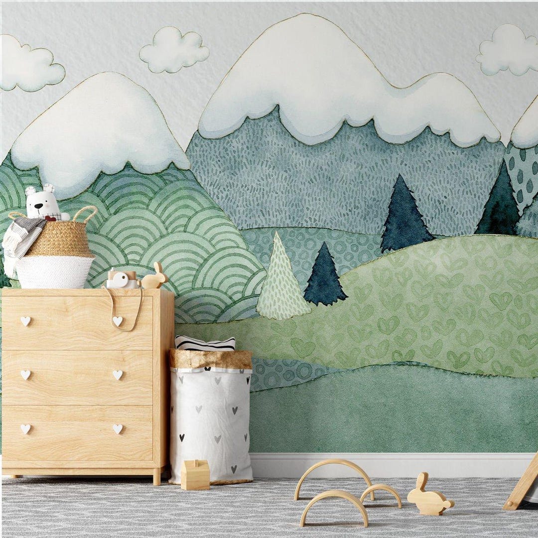 Watercolor Mountain Nursery Wallpaper, Peel and Stick, Green Kids Room ...