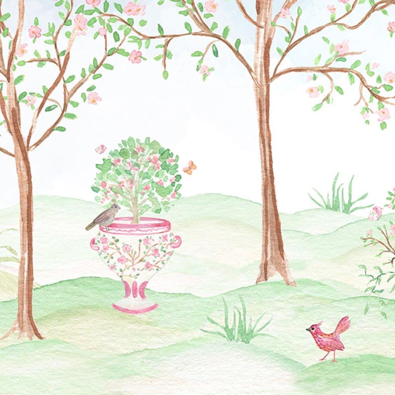 Watercolor Spring Garden Birds Wallpaper, Soft White Nursery Mural - Etsy
