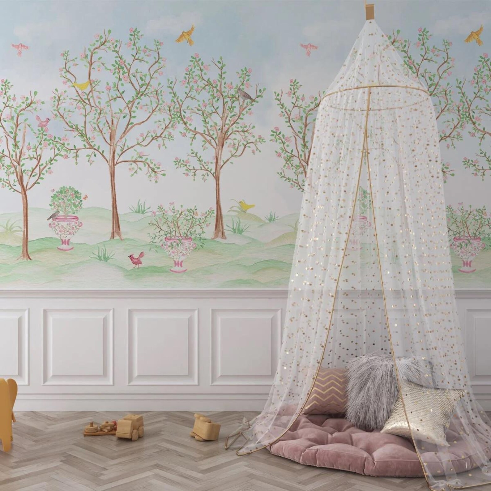 Watercolor Spring Garden Birds Wallpaper, Soft White Nursery Mural - Etsy