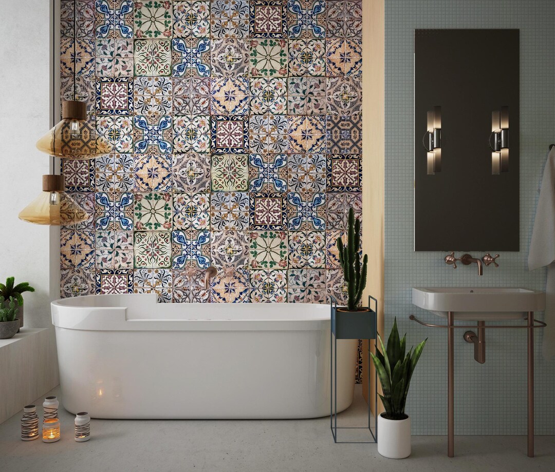 Turkish Bath Patterned Bathroom Wallpaper, Vintage Tile Look Wallpaper ...
