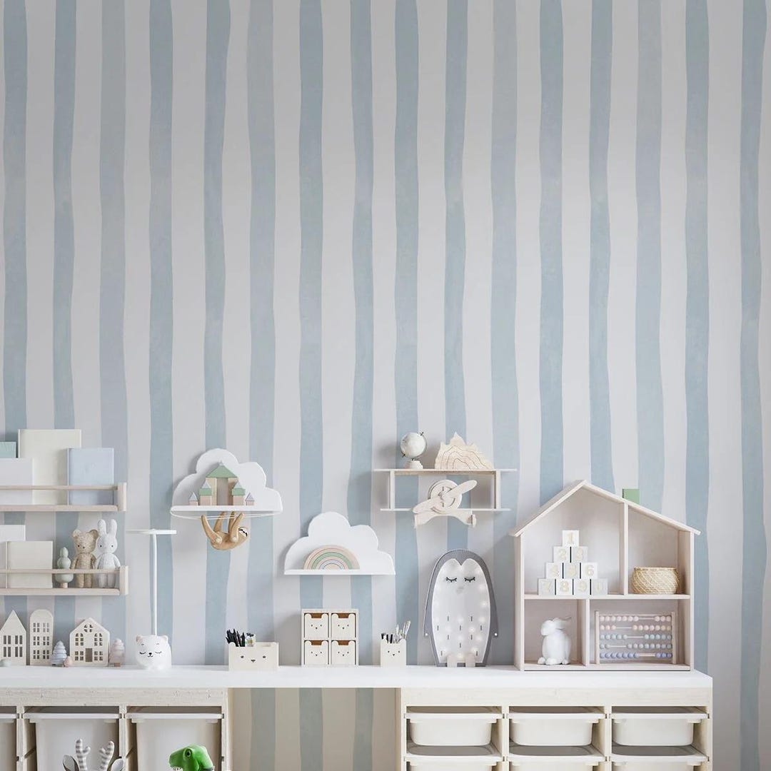 Child Room Blue Striped Wallpaper, Watercolor Kid Mural, Watercolor ...