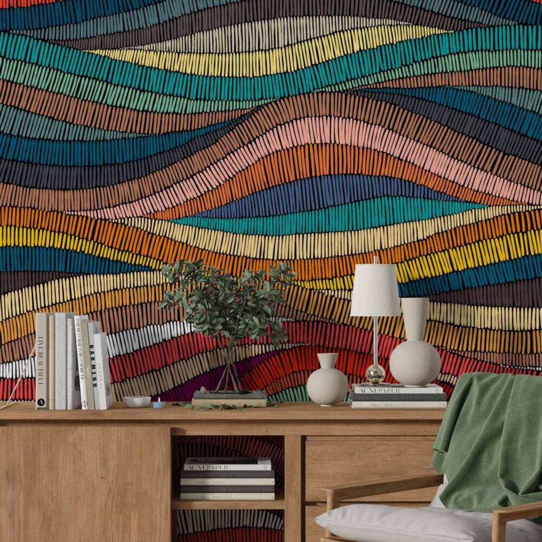 Colorful Waves Wallpaper, Geometric Pattern Wall Mural (peel and Stick ...