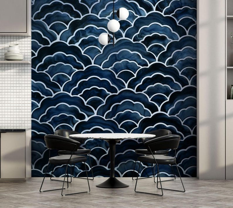 Blue Wavy Tile Pattern Peel and Stick Wallpaper - Etsy