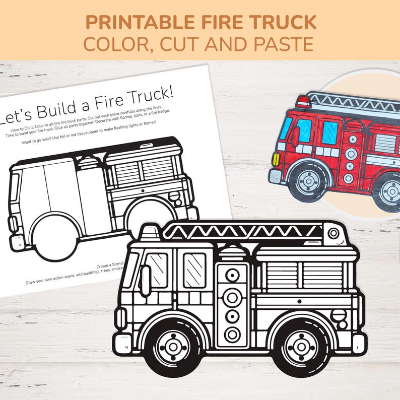 Printable Fire Truck Craft – Cut, Color, and Glue Activity (PDF) - Etsy