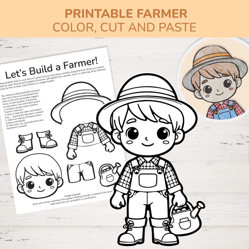Printable Farmer Craft – Cut, Color & Glue Paper Activity for Kids | A4 ...