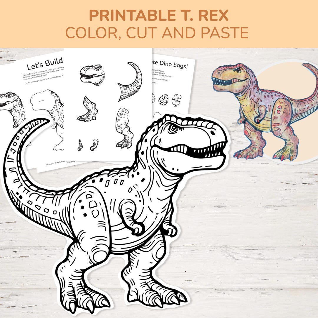 Printable T-rex Craft – Cut, Color & Glue Dinosaur Activity for Kids ...