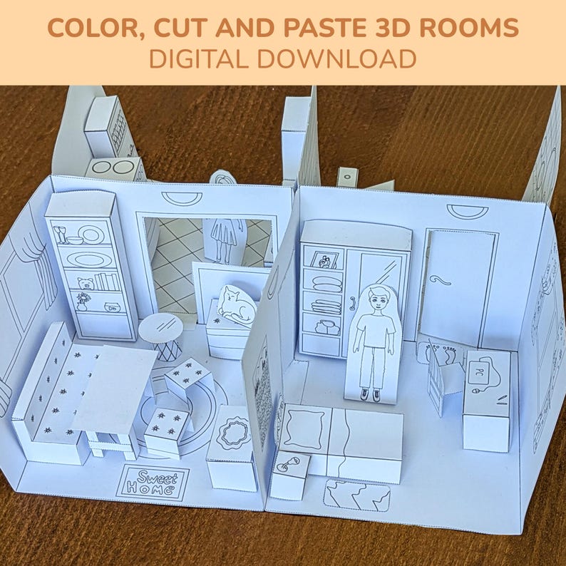 Printable 4-room Paper Dollhouse – DIY Cut, Color and Build Craft for ...