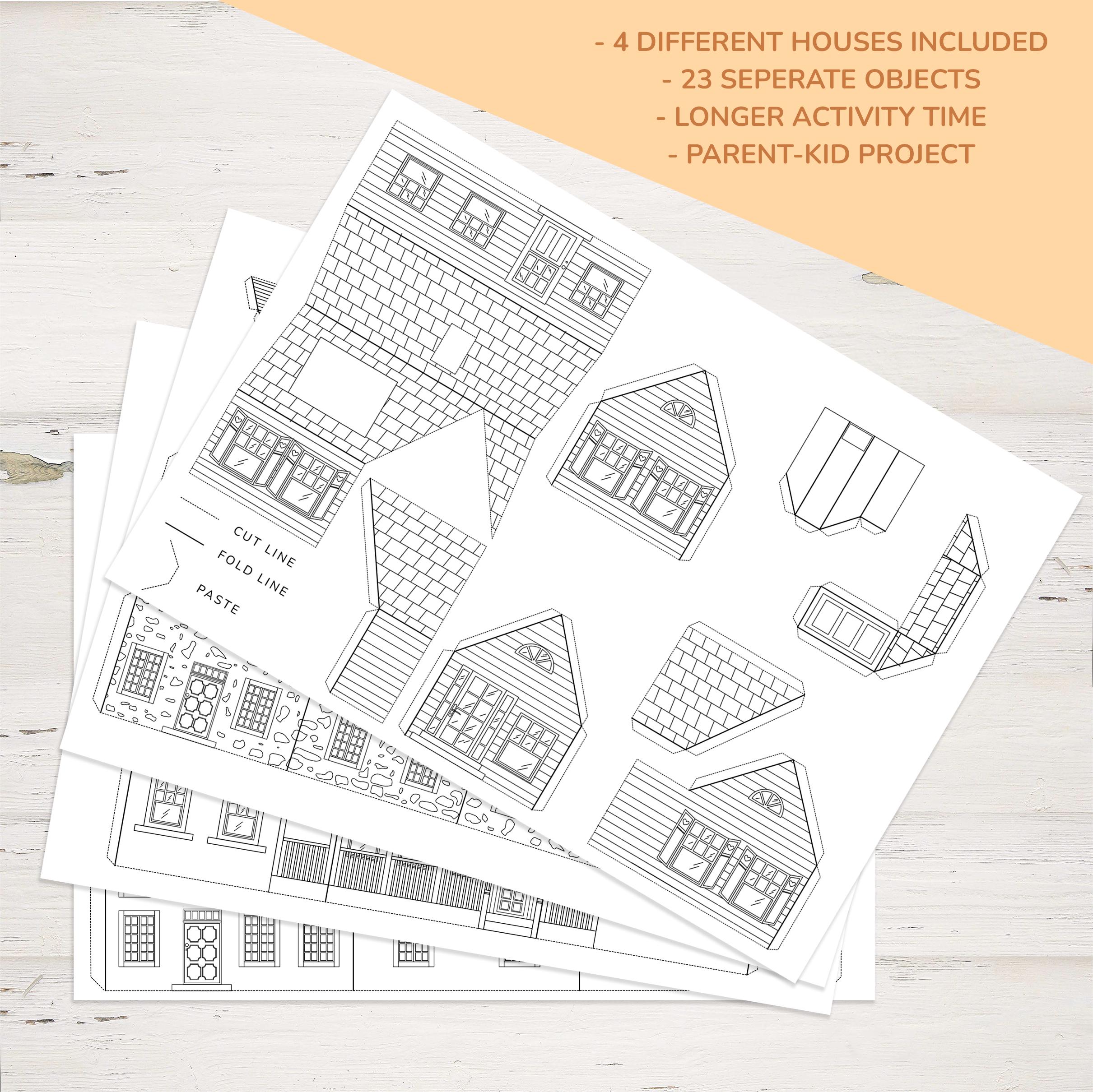 Printable 3D Paper Houses Set – 4 Mini House Templates | DIY Cut, Color ...