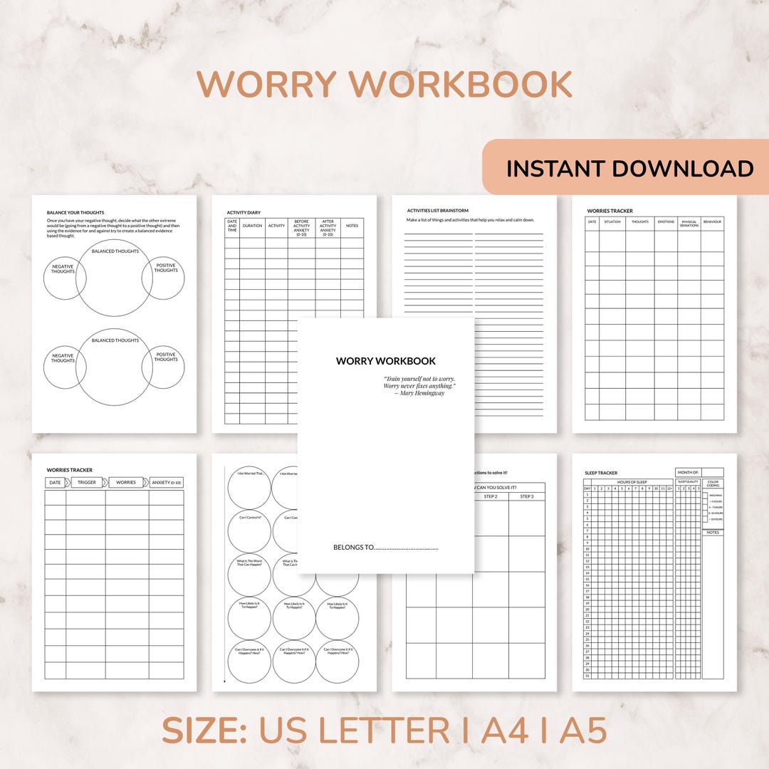Printable Worry Workbook – Anxiety Relief, CBT Tracker (digital PDF ...