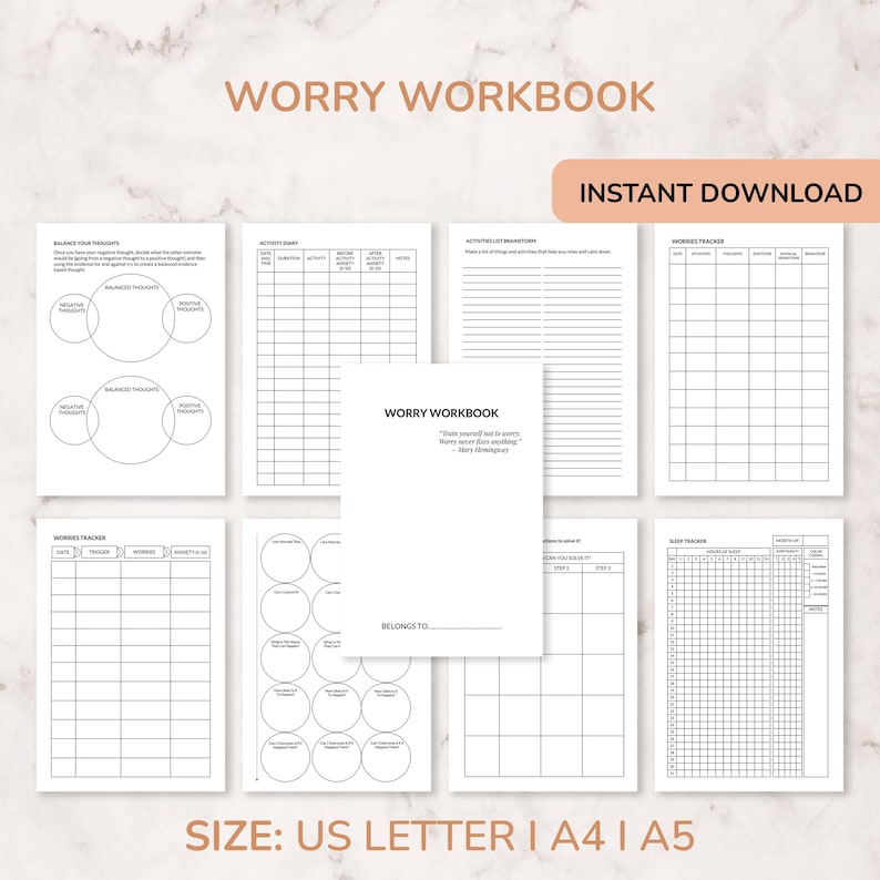 Printable Worry Workbook – Anxiety Relief, CBT Tracker (digital PDF ...