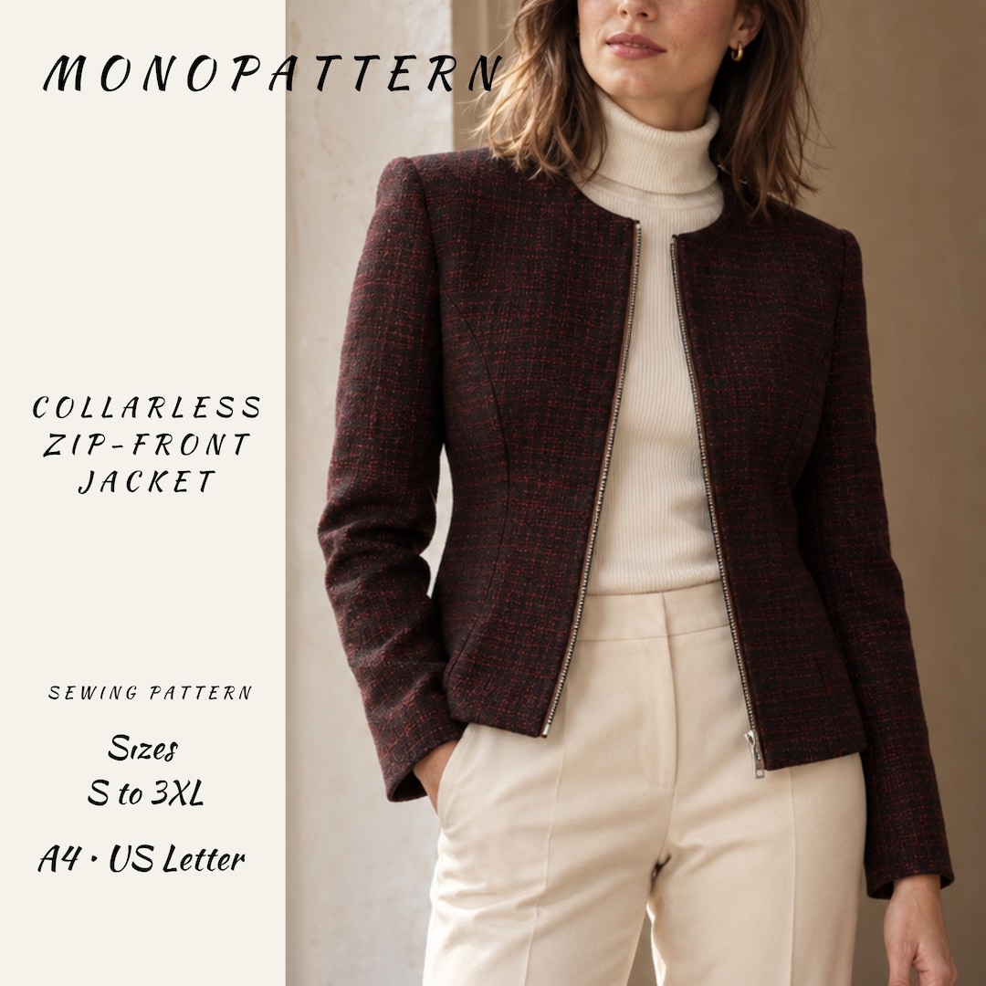 Collarless Jacket Sewing Pattern PDF | Women’s Zip Front Lined Jacket ...