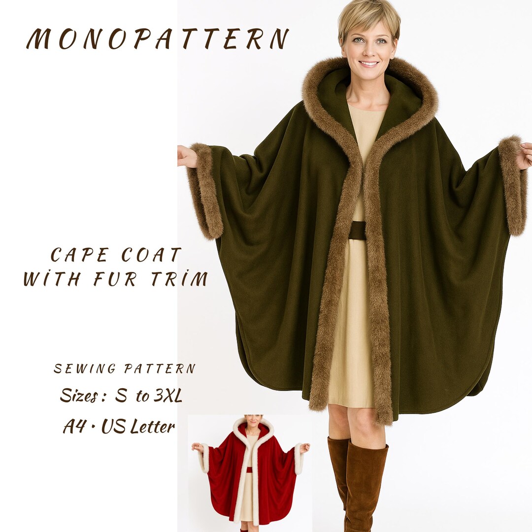 Fur Trim Cape Coat Sewing Pattern | Hooded Cloak, S-3XL (PDF Pattern ...