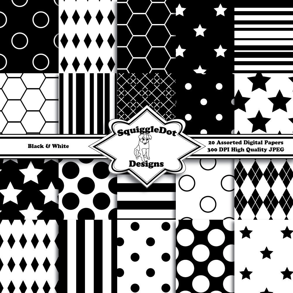 Digital Printable Scrapbook Paper Set of 20 - Black and White - Instant ...