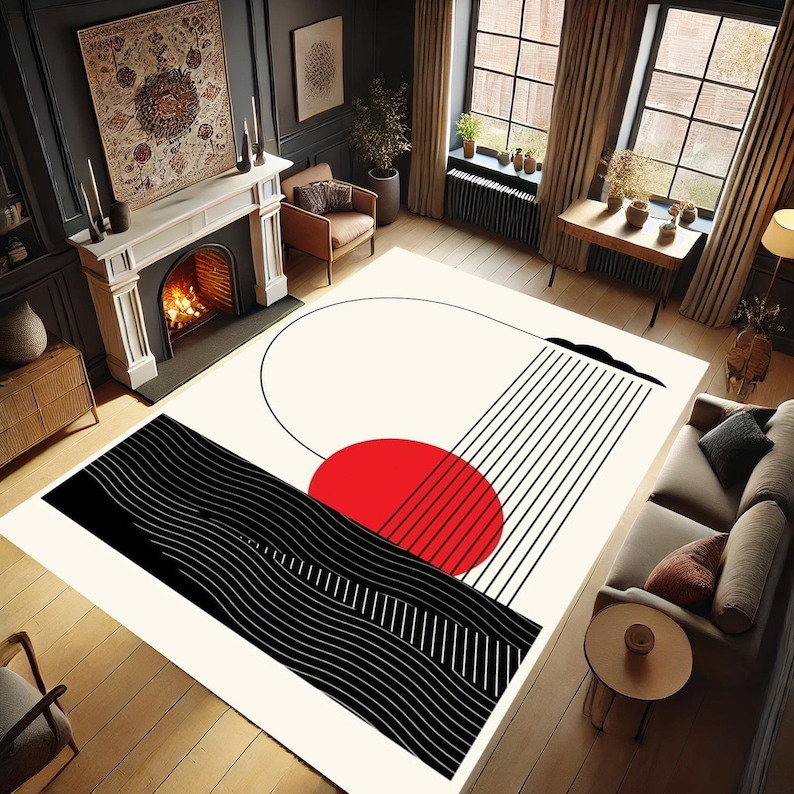 Retro Minimalist Design Area Rug, Modern Rug, Abstract Art Rug, Black ...