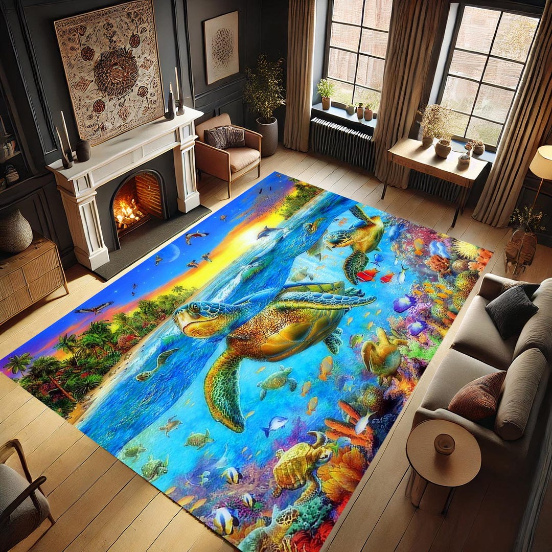 Aquarium Rug, Aquarium Design Rug, Turtle Rug, Caretta Caretta, Fish ...