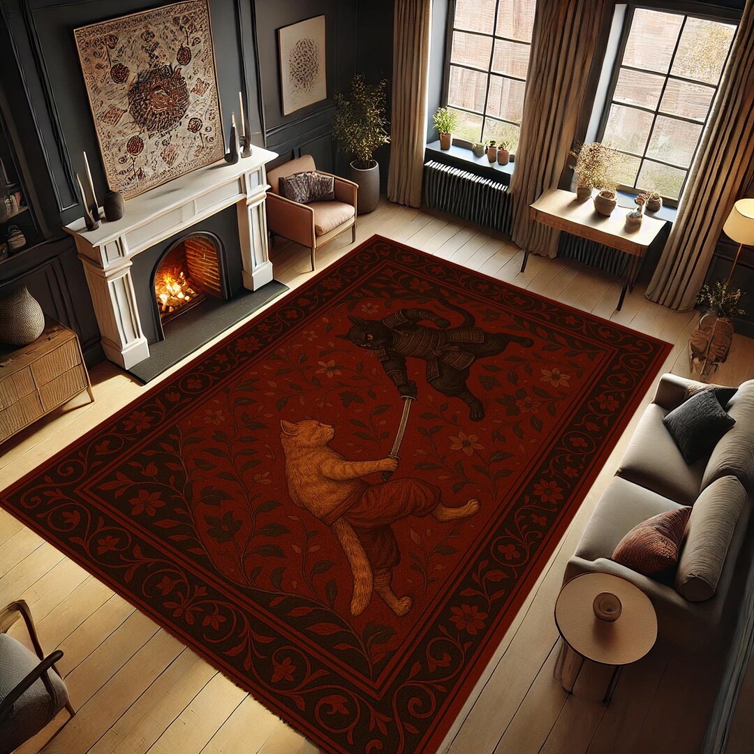 Traditionel Pattern, Cat Design Rug, Red Design Rug, Flower Patterned ...